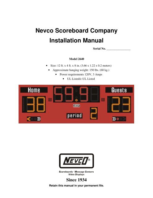 Nevco Scoreboard Company Installation Manual