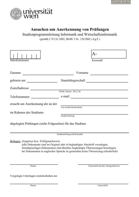 Ansuchen um Anerkennung von PrÃ¼fungen