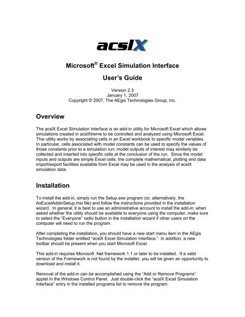 acslX Excel Addin User's Guide