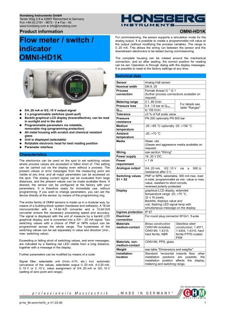 Flow Meter / Switch / Indicator OMNI-HD1K / -HD2K