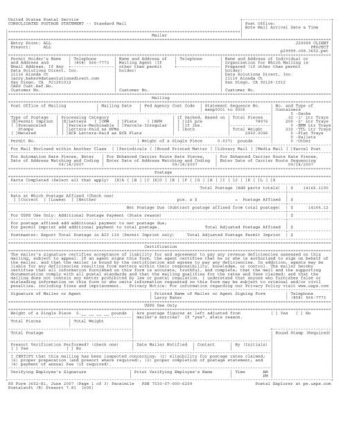 CONSOLIDATED POSTAGE STATEMENT -- Standard Mail