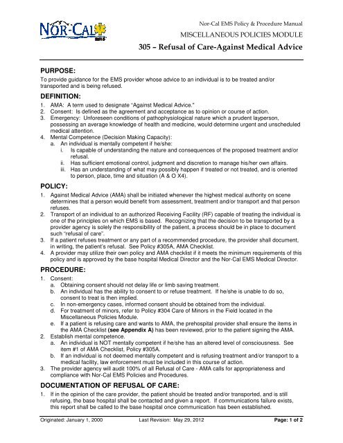 305 – Refusal of Care-Against Medical Advice