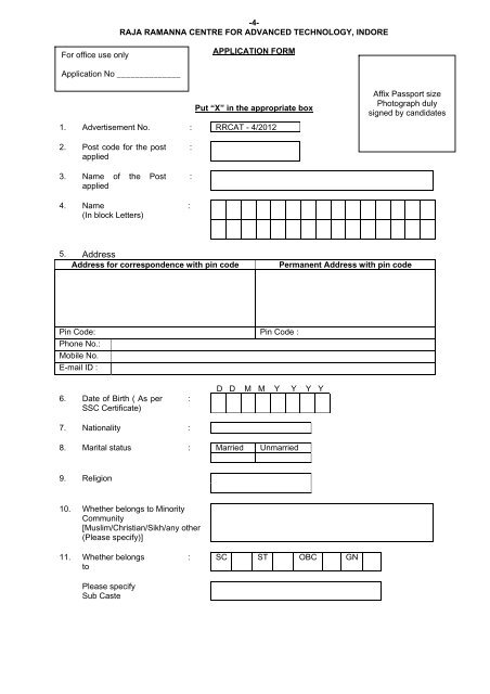 Application Form - Raja Ramanna Centre for Advanced Technology