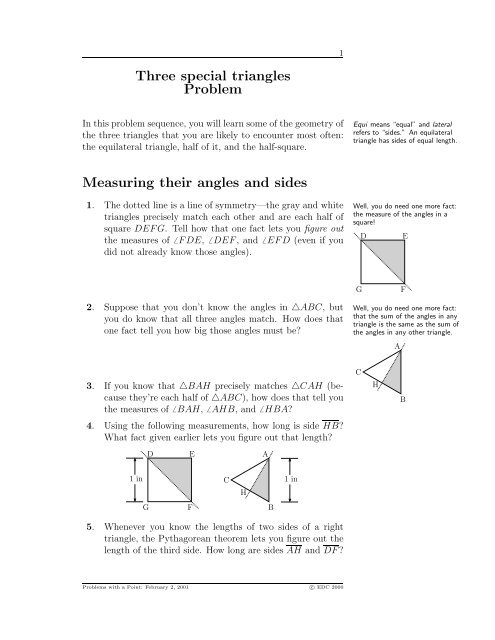 Three special triangles Problem Measuring their angles and sides