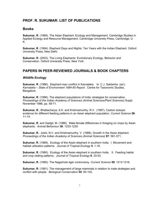 PROF. R. SUKUMAR: LIST OF PUBLICATIONS Books PAPERS IN ...
