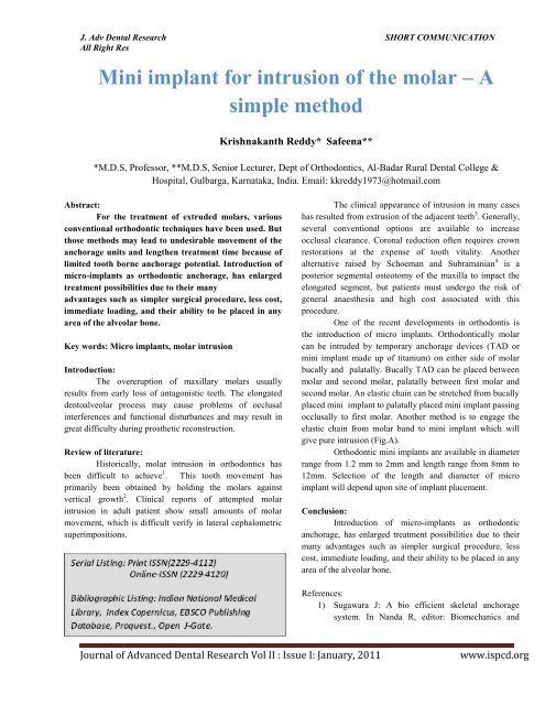 Mini implant for intrusion of the molar â A simple method - Ispcd.org