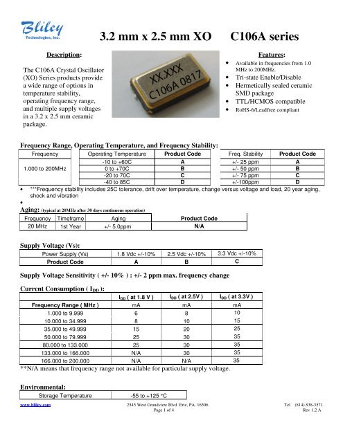 3.2 mm x 2.5 mm XO C106A series - Bliley Technologies