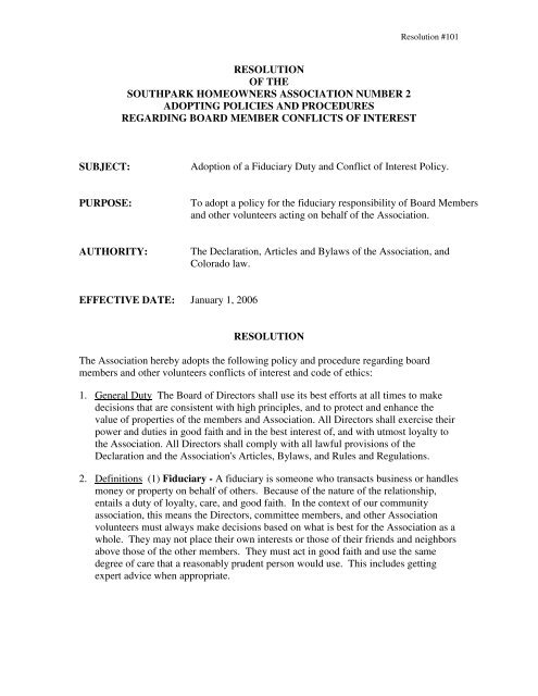 Resolution 101 (Board Members Conflicts of ... - Southpark HOA II