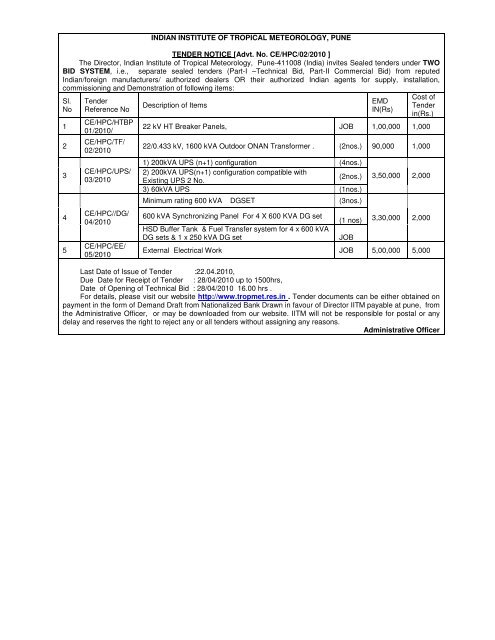 indian institute of tropical meteorology, pune tender notice