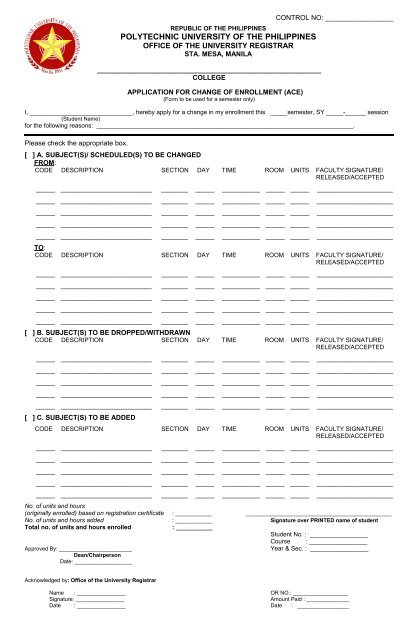 application for change of enrollment (ace) - Polytechnic University of ...