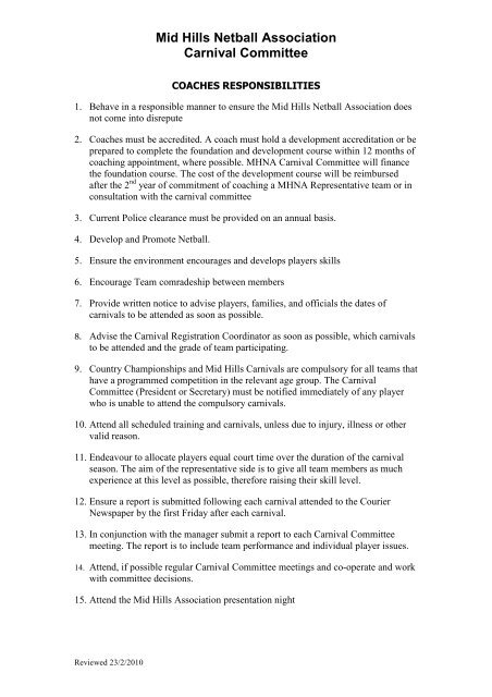 Rep Team Coach Responsibilities - mid hills netball association