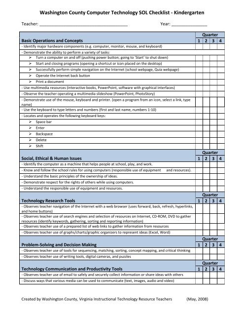 Kindergarten Computer/Technology Checklist - Washington County ...