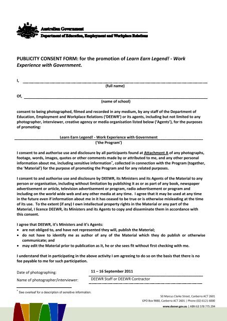 PUBLICITY CONSENT FORM: for the promotion of Learn Earn ...