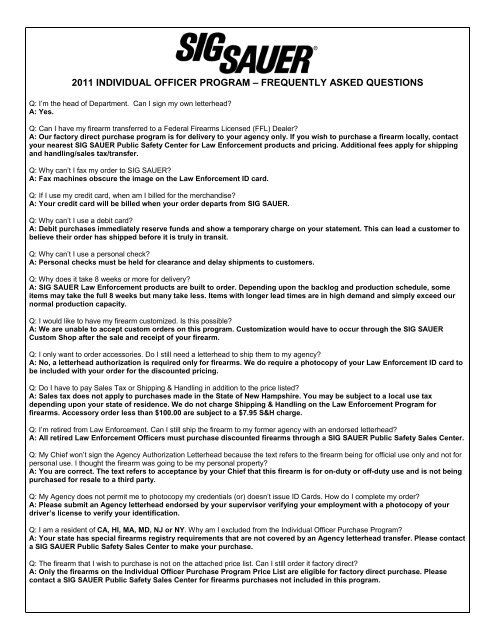 2011 individual officer program – frequently asked ... - Sig Sauer