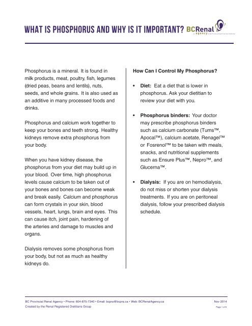 Phosphorus and your Kidney Diet Handout