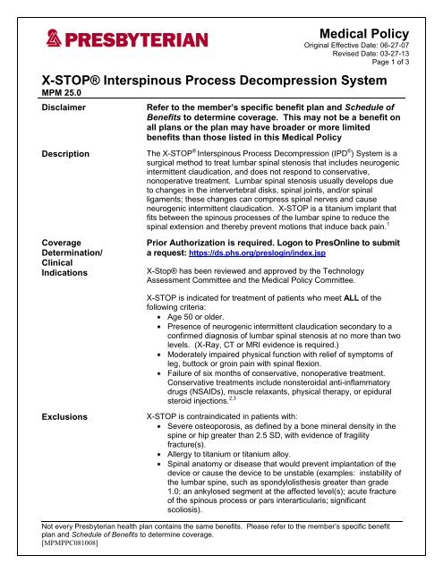 X-STOPÂ® Interspinous Process Decompression System