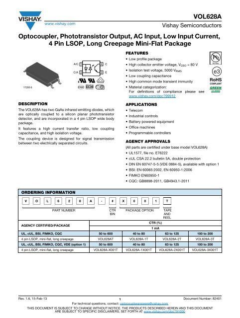 VOL628A Optocoupler, Phototransistor Output, AC Input ... - Vishay