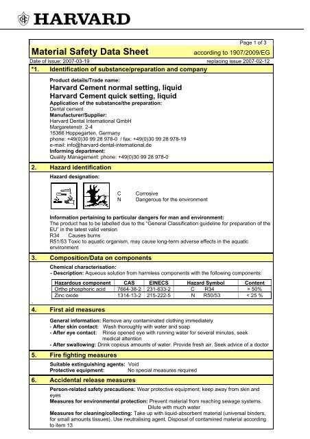 Material Safety Data Sheet Harvard Cement normal setting, liquid