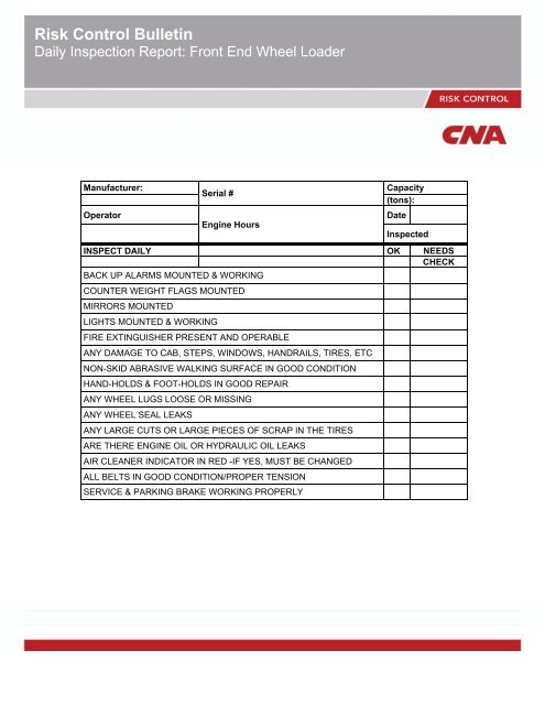 Daily Inspection Report - Front End Wheel Loader - CNA