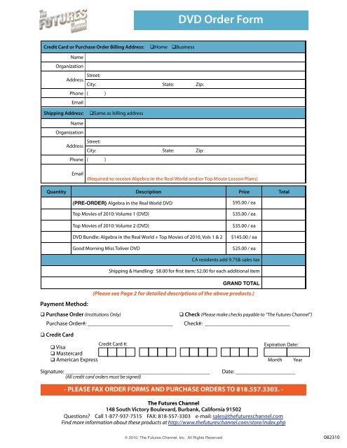 DVD Order Form - The Futures Channel