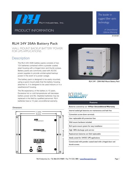 RLH 24V 20Ah Battery Pack - RLH Industries Inc. Fiber Optic Link