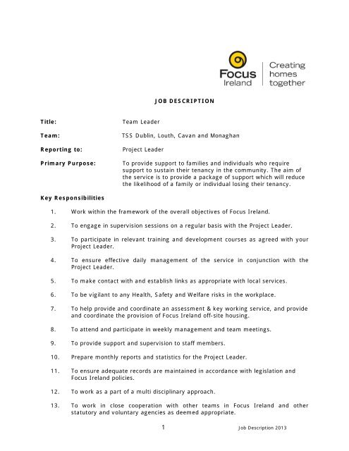 JOB DESCRIPTION Title: Team Leader Team: TSS ... - Focus Ireland