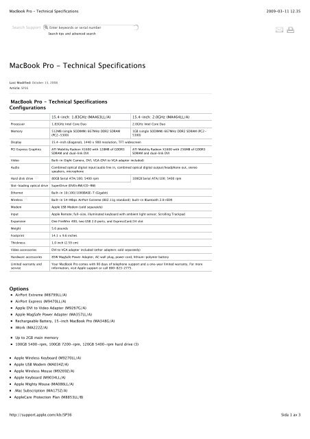 MacBook Pro - Technical Specifications