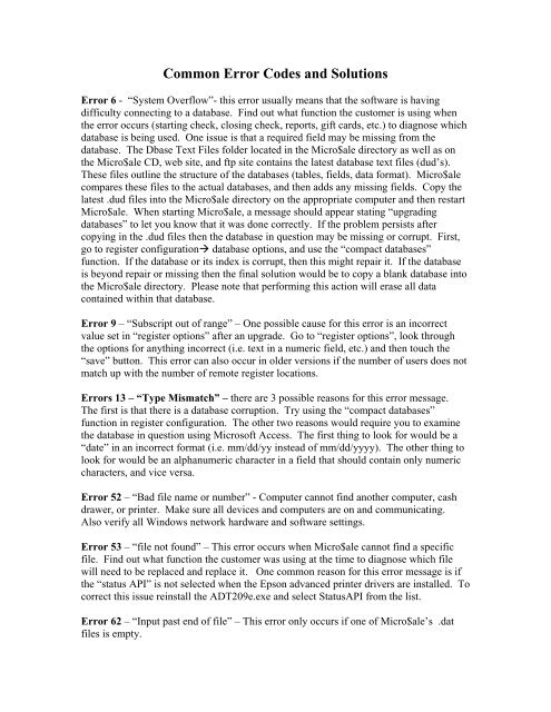 Common Error Codes and Solutions - MicroSale