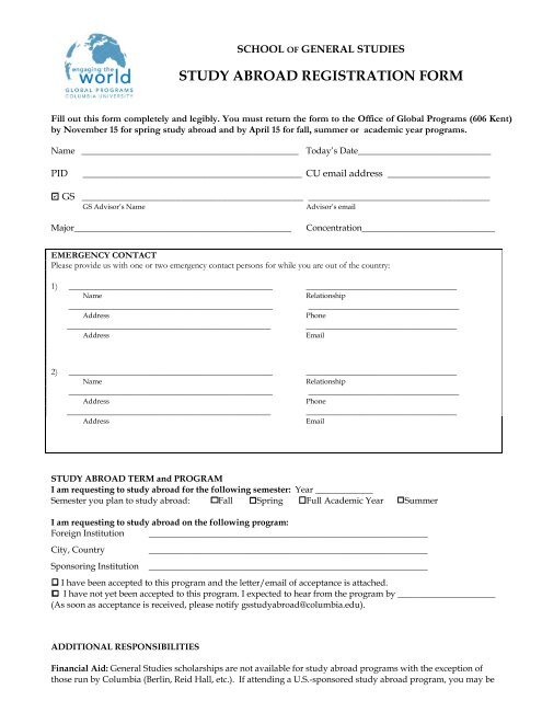 study abroad registration form - School of General Studies