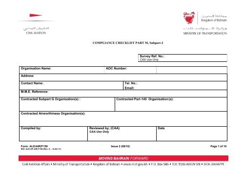 COMPLIANCE CHECKLIST PART M, Subpart J Survey Ref. No ...
