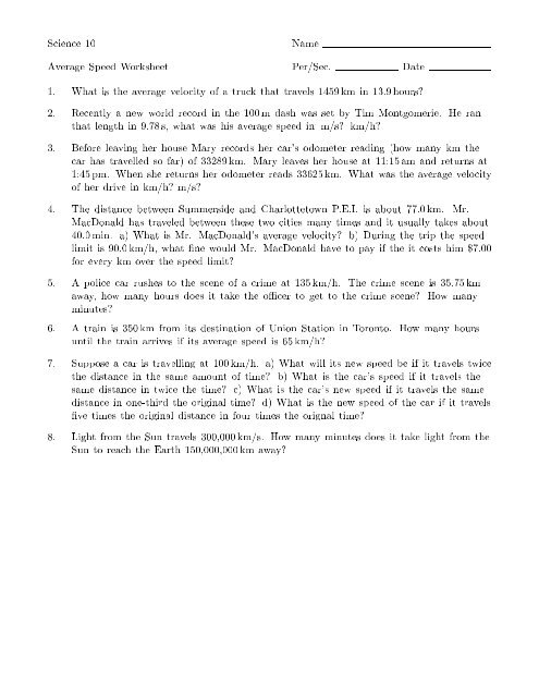 Average Speed Worksheet