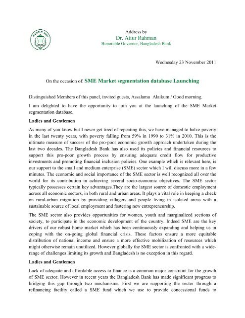 SME Market segmentation database Launching - Bangladesh Bank