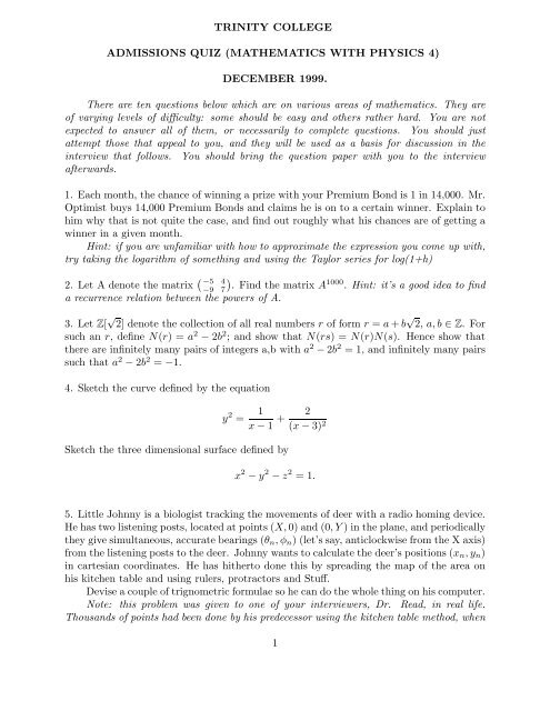 TRINITY COLLEGE ADMISSIONS QUIZ (MATHEMATICS WITH ...