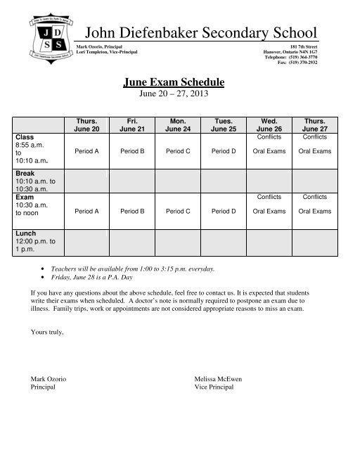 the exam schedule. - John Diefenbaker Secondary School