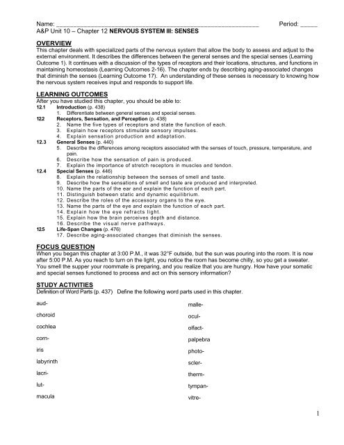 A&P Unit 10 â Chapter 12 NERVOUS SYSTEM II