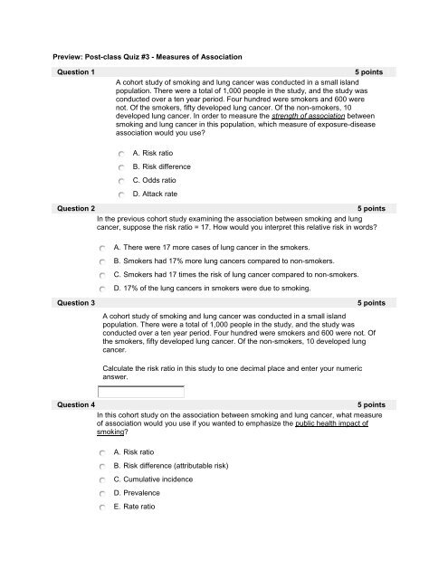 Post-class Quiz #3 - Measures of Association Question 1 5 points A ...