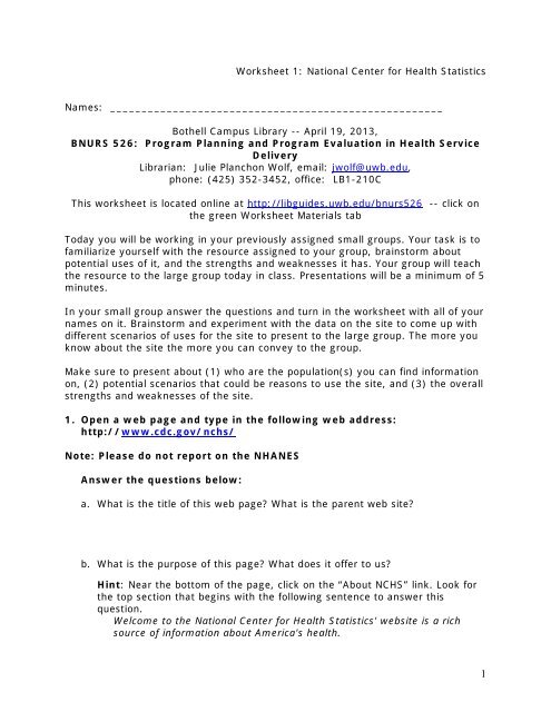 Worksheet 1: National Center for Health Statistics ... - Campus Library