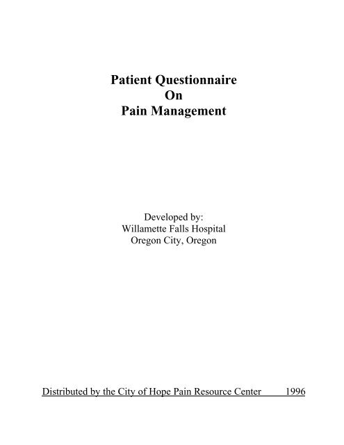 Patient Questionnaire - Pain Resource Center - City of Hope