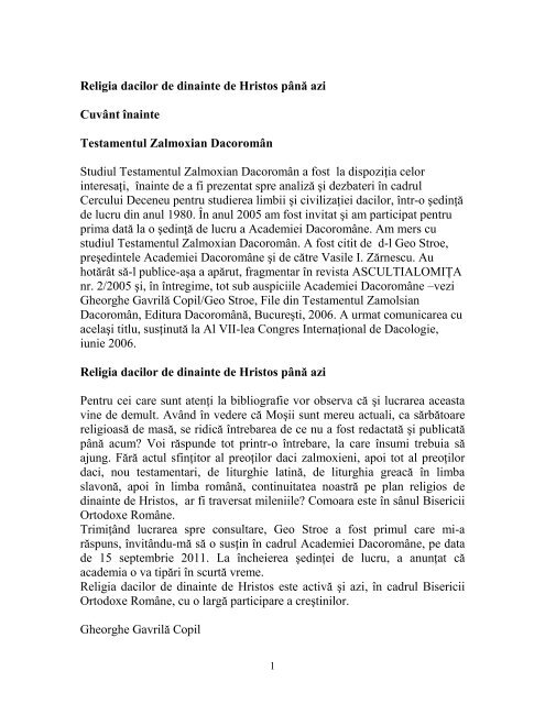 Religia dacilor de dinainte de Hristos pÃ¢nÄ azi CuvÃ¢nt ... - Noi Dacii