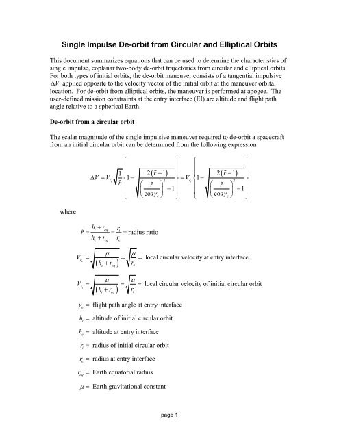 Single Impulse Deorbit From a Circular Orbit