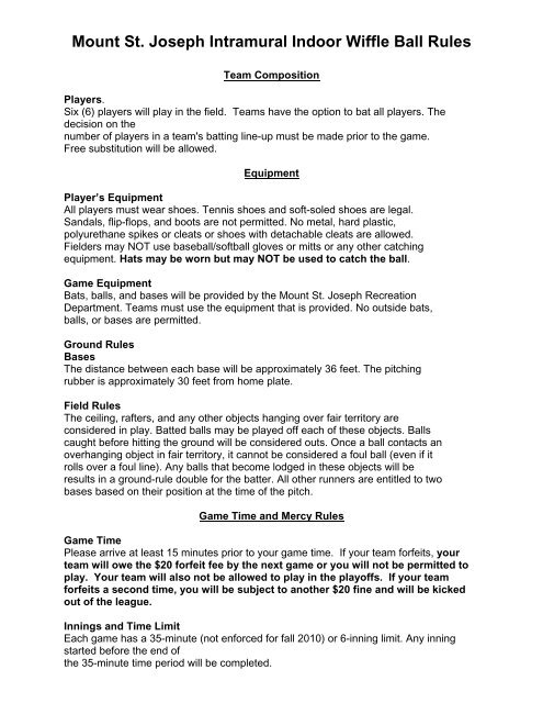 Mount St. Joseph Intramural Indoor Wiffle Ball Rules