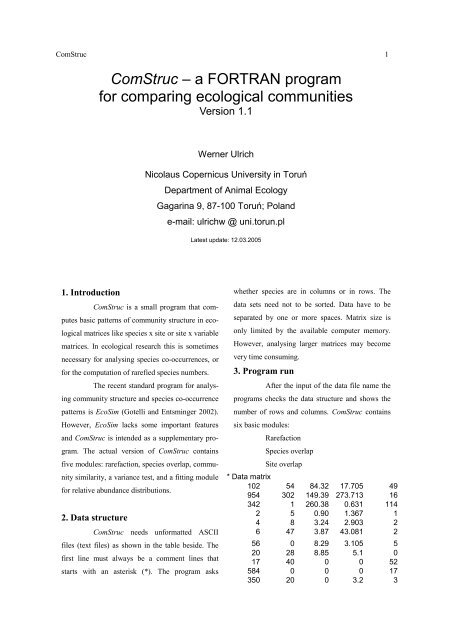 ComStruc - a FORTRAN program for ecological matrix analysis