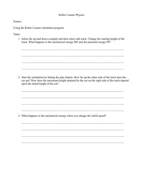 Roller Coaster Physics Names: Using the Roller Coaster simulation ...