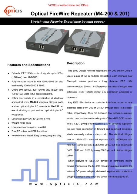 Optical FireWire Repeater (M4-200 & 201) - opticis.com