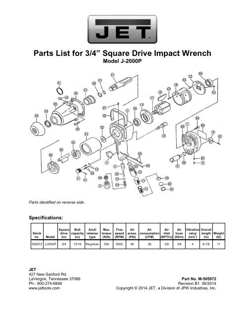 Parts List for 3/4â Square Drive Impact Wrench - JET Tools