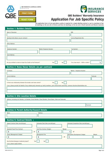 Application For Job Specific Policy - HIA Insurance Services