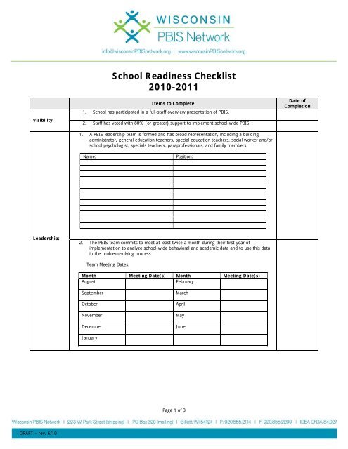 School Readiness Checklist 2010-2011 - CESA #2