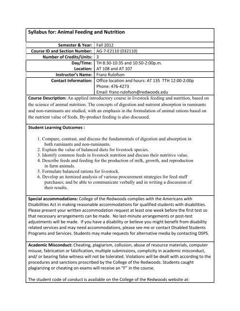 Syllabus for: Animal Feeding and Nutrition - College of the Redwoods