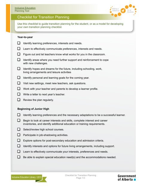 Checklist for Transition Planning - LearnAlberta.ca