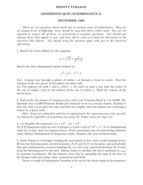 TRINITY COLLEGE ADMISSIONS QUIZ (MATHEMATICS 2 ...